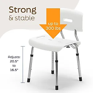 Medline Shower Chair with Backrest and Microban, Ideal for Disabled, Seniors and Elderly, 300 lb. Weight Capacity, White - Comfortable for Shower or Bathtub