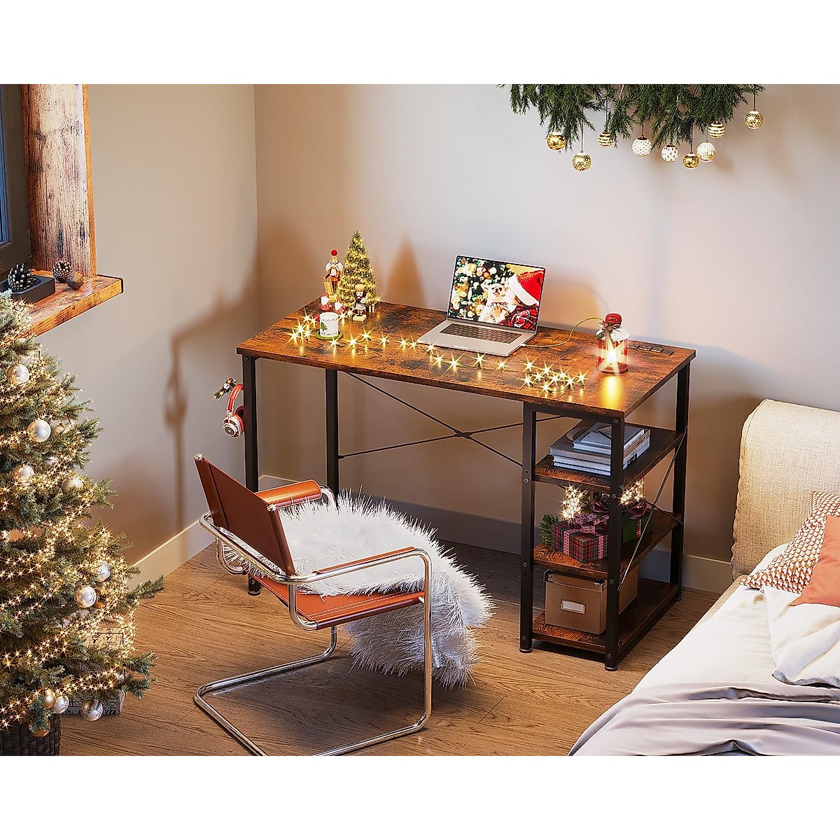AODK Laptop Desk Small Desk, 40 Inch Computer Desk with Power Outlet and USB & Type-C Charging Port, Writing Desk with 3-Tier Reversible Storage Shelf for Home Office, 40'' x 16'', Rustic Brown