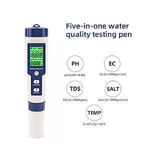 Generic 5-in-1 Pool Salt Tester & pH Meter with Temperature, TDS, EC: High Accuracy Water Analyzer for Pools, Spas, Drinking Water, Aquariums & Hydroponics