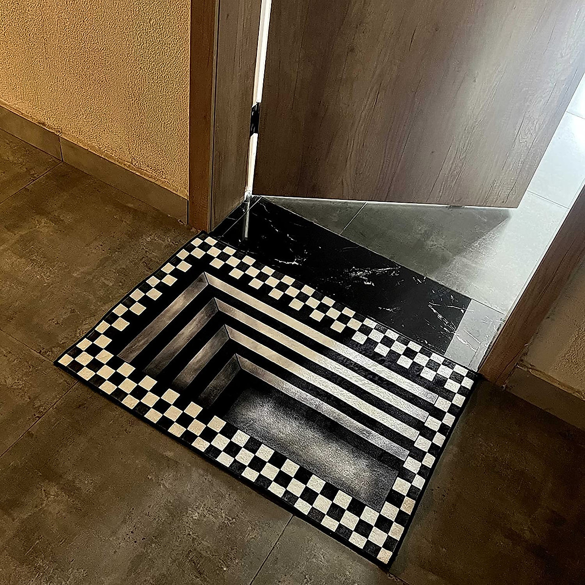 3D Vortex Illusion Square Rug Outdoor Mat Black and White Checkerboard Trap Floor Mat Decor Indoor Carpet Vortex Rug16X24inchs