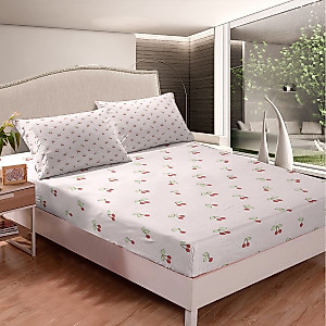 Fruit Kids Pink Bedding Fitted Sheet Cherry Pattern Design Toddler Bedding Sheets Boys Girls Cute Kawaii Cherries Bed Sheet Set Girly Cute Bed Cover Bedroom Collection 2Pcs Twin Size