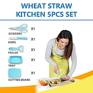 HALAFE Wheat Straw Kitchen 5pcs Small Set, BPA Free Food Safe Wheat straw PP material, Cutting board, Tray, Scissors, Peeler, Fruit knife, Blue