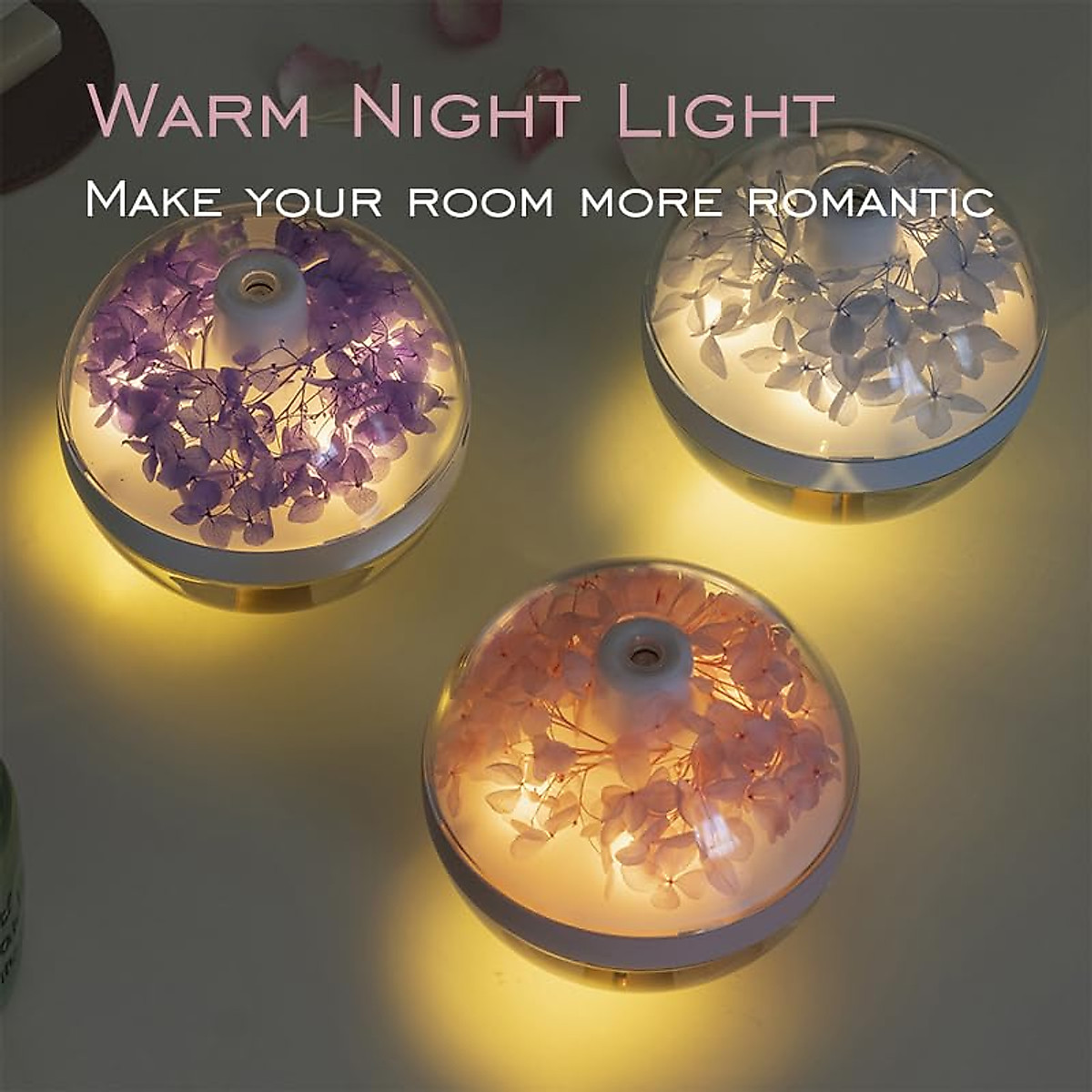 Preserved Flower Portable Humidifier,270ml Capacity,Rechargeable Essential Oil Diffuser with Night Light and Waterless Auto Shut-Off,for Office Room Bedroom Livingroom (Pink Hydrangea)