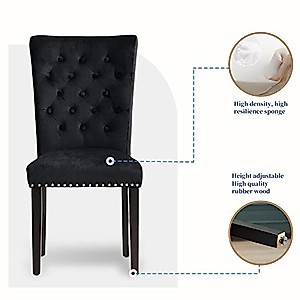 Restworld Velvet Fabric Dining Chair Set of 2 with Button & Nailhead Decoration, Tufted Upholstered Chair for Bedroom & Dining Room, Modern Luxury Style Solid Wood Legs (Black)