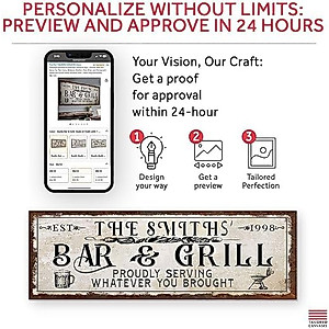 Tailored Canvases Custom Bar and Grill Sign - Canvas Wall Art Decor for Man Cave, Hideout, Kitchen, Pub, Diner and Restaurant - Rustic Bar & Grill Hook on Cloth with 1 Beer Mug and Griller, 48x16in