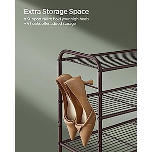 SONGMICS Shoe Rack, 2-Tier Shoe Organizer, Metal Shoe Shelf Storage with 4 Side Hooks, Holds 12 Pairs of Shoes, Height-Adjustable Shoe Rack for Entryway, Hallway, Closet, Easy Assembly, Chestnut Brown