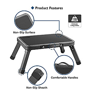 BONTEC One Step Stool, Portable Folding Metal 1-Step Steel Ladder Stool, 330lbs Capacity Foldable Wide Single Black Foot Stool for Adults or Children in Kitchen Toilet RV Camping Office