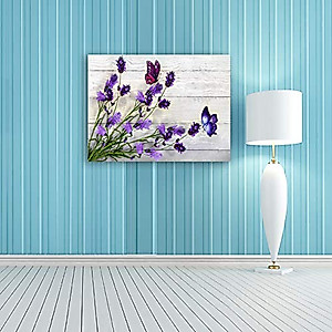 Purple Flowers Picture Canvas Prints Wall Art Room Wall Decor Floral on The Wooden Frame Background Painting for Bathroom Bedroom Home Wall Decoration Modern Artwork Poster Stretched Ready To Hang