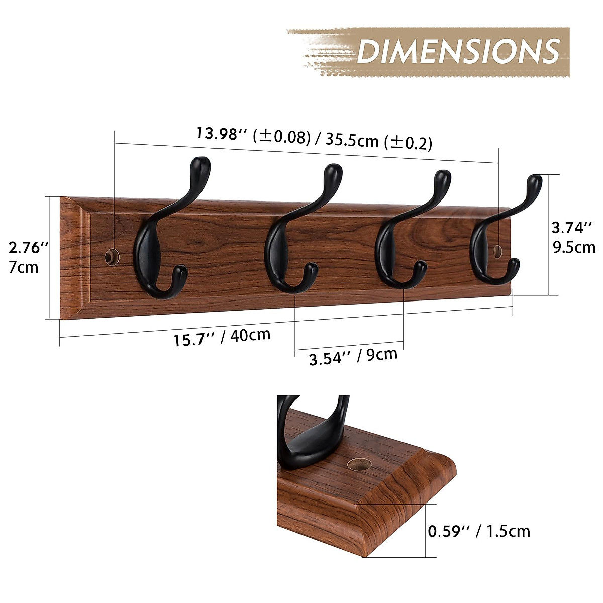 DOKEHOM [2 Pack 4-Black Hooks on Walnut Color Board Wall Mounted Coat Hook Rack Hanger