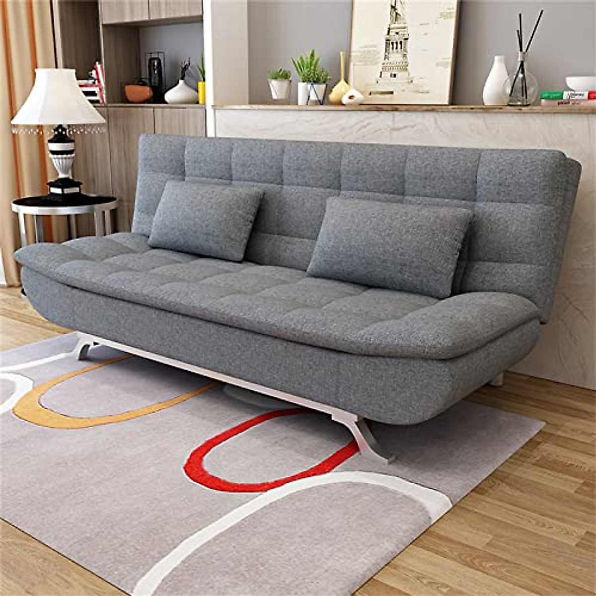 JHKZUDG 2 Seater Settee Sofa Bed,Modern Linen Upholstered Sofa Living Room Chair Couch with Metal Legs, 3 Angles Adjustable Back,for Living Room, Office, Room,Dark Gray,150 × 85 × 90cm