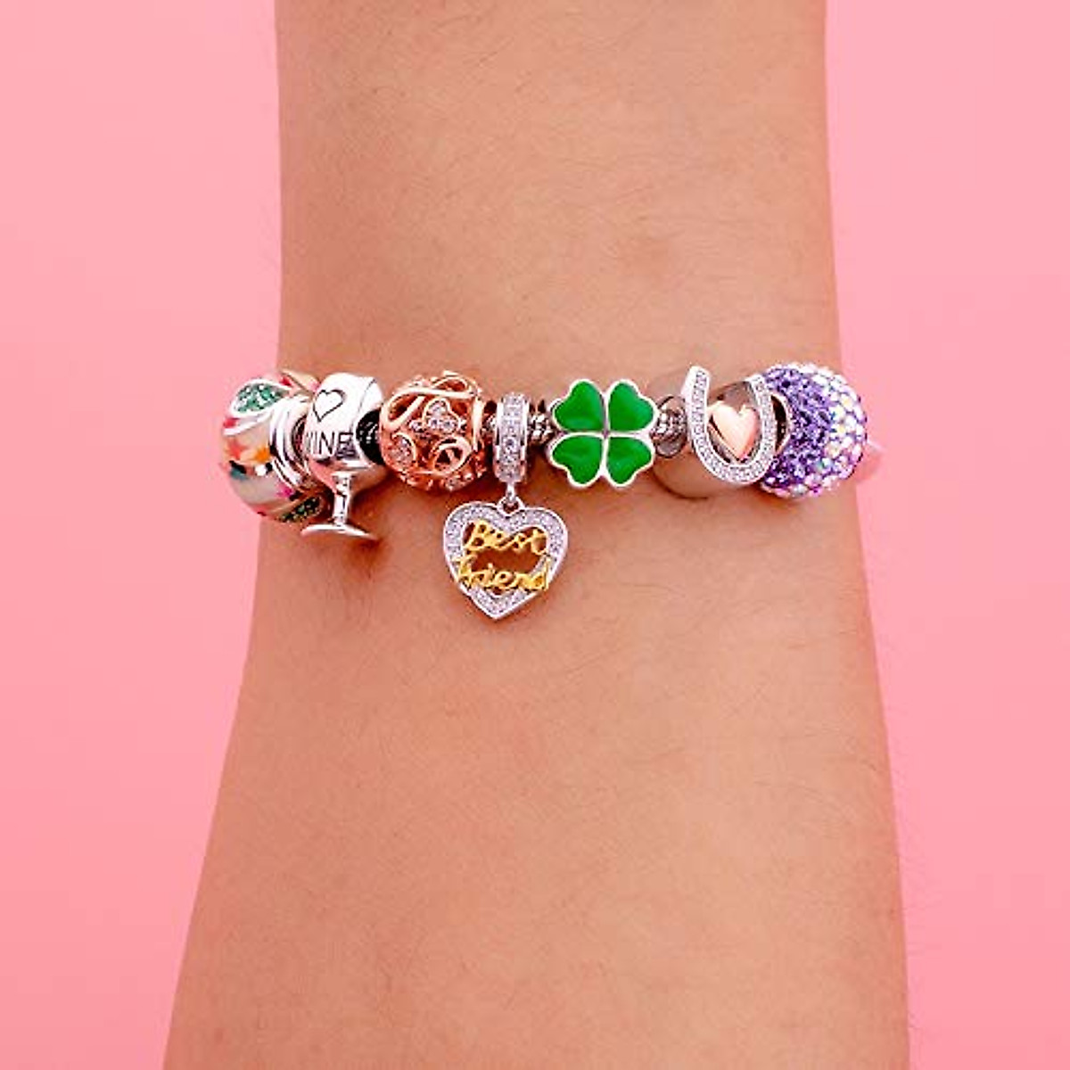 Best Friend Heart Bracelet Charms for Women - 925 Sterling Silver BFF Pendant Beads - fits Pandora Mothers Day Bracelets Necklaces, Gift for Birthday/Christmas/Thanksgiving