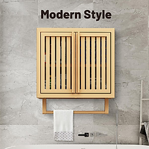 BAOMKONG Bamboo Medicine Cabinet Bathroom Cabinet Wall Mounted with Towels Bar Over The Toilet Storage Cabinet with 2 Door Sturdy Bathroom Wall Cabinet for Bathroom Laundry Room Kitchen, #02 Natural