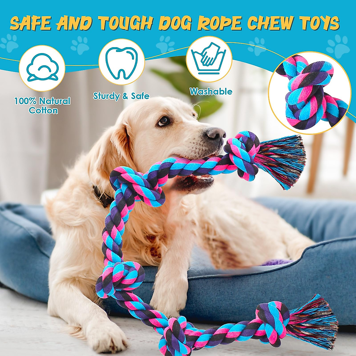 UPSKY Dog Rope Toy for Large Medium Dogs, Dog Chew Toy for Aggressive Chewers, Indestructible 3 Feet 5 Knots Rope Toy, Heavy Duty Tough Dog Toy, Interactive Tug of War Toy for Extra Large Dogs