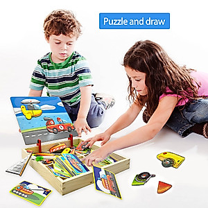 wskvoker 85-Pieces Magnetic Puzzle Drawing Board,Preschool Educational Learning Toys Set for 3 4 5 Year Old Boys Girls,Transportation Cognition Puzzles Travel Toy with Organize Box.