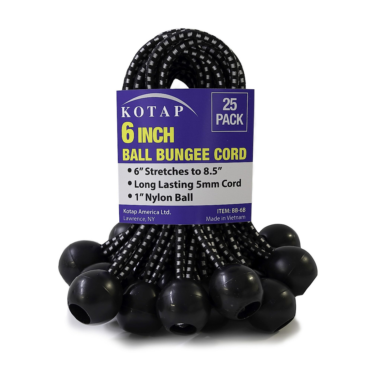 Kotap BB-6B Ball Bungee Cord, Heavy-Duty & Versatile, Indoor & Outdoor, Tarp Tie-Down, Organize & Secure, 6-Inch, Black, 25 Pack