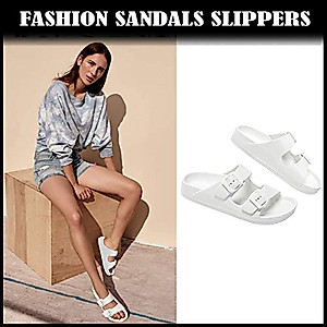 Athlefit Women's Double Buckle EVA Sandals Comfortable Rubber Waterproof Plastic Two Strap Footbed Foam Slip on Slide White Sandals Size 8