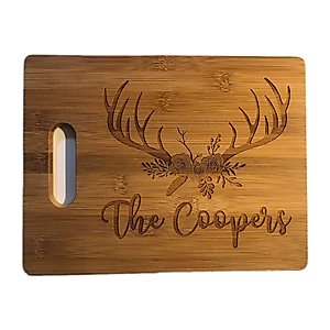 Deer Antler Buck Rack Floral Custom Personalized Cutting Board Laser Engraved Wooden Bamboo Cutting Board Kitchen Anniversary Boho Wedding Housewarming Gift CHARCUTERIE TRAY