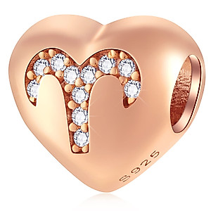 Rose Gold Aries Zodiac Sign Heart Charms fits Pandora Birthday Bracelet, 925 Sterling Silver 12 Star Constellation with Birthstone CZ Beads, Gifts for St. Patrick's Day/Easter