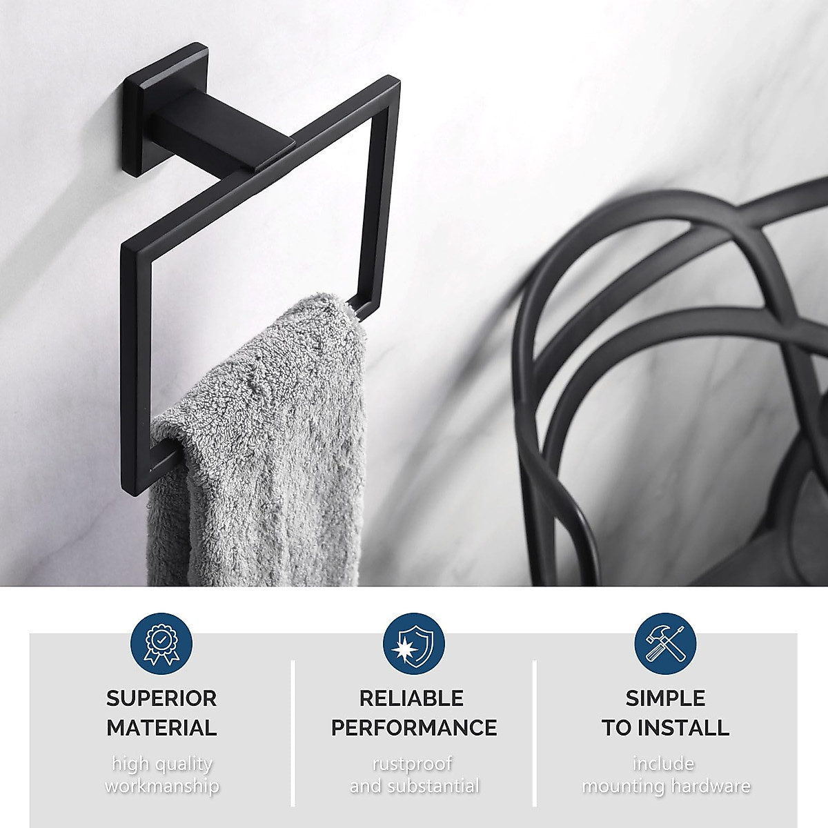 Towel Holder Matte Black, Angle Simple Stainless Steel Bathroom Hand Towel Rack, Square Towel Ring for Wall, 7.09-Inch
