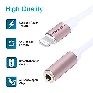 Tranesca Apple MFI Certified Lightning to 3.5 mm Headphone Jack Adapter Compatible with iPhone 11/X/XR/iPhone 8/8 Plus/iPhone 7/7 Plus and More -Music Control & Calling Function Supported (Rose Gold)