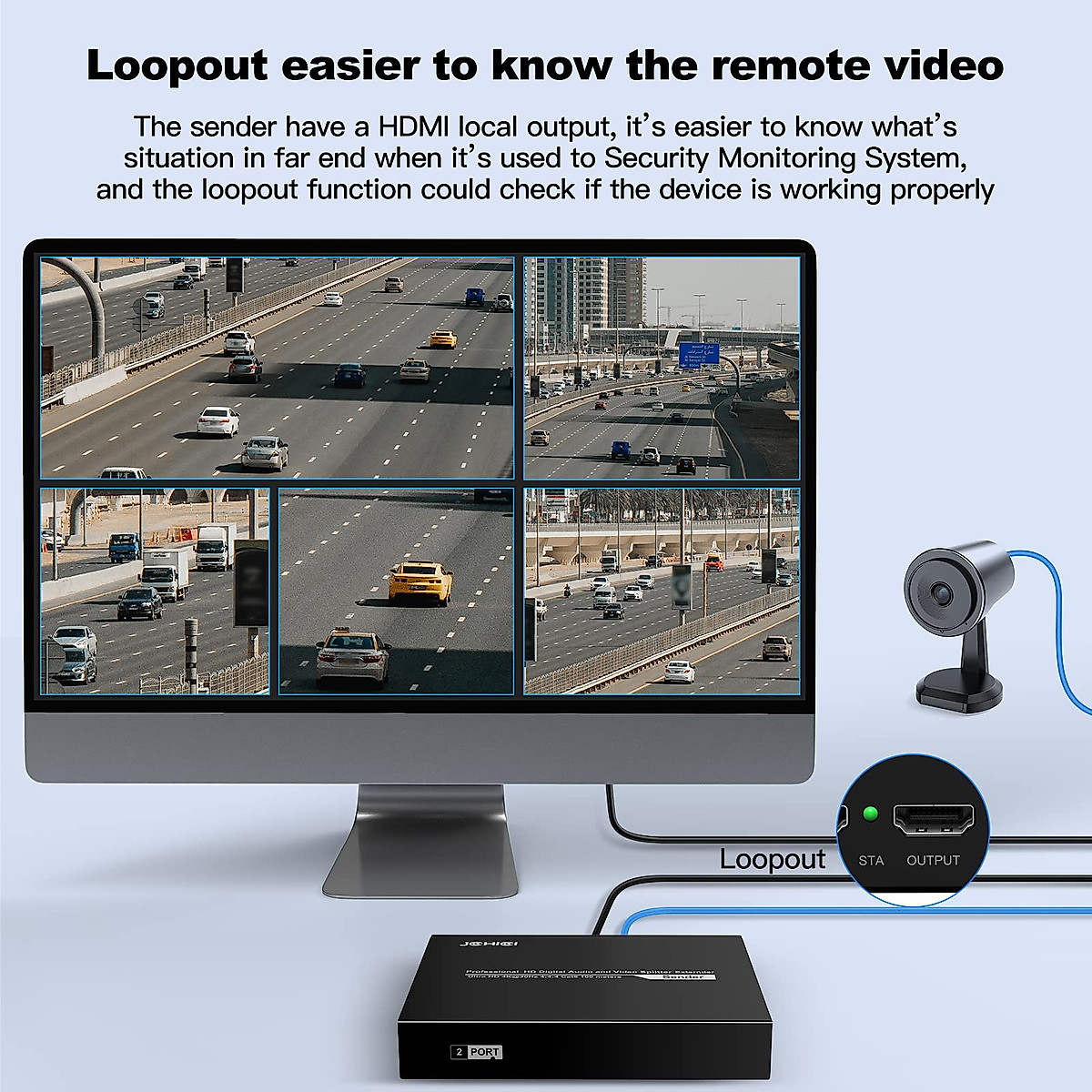 HDMI Extender Splitter 1 x 2, JCHICI 4K@30Hz 100M(328fts) HDMI Extender Over Cat5e/6 with Loopout and EDID Copy Function, Lossless Transmission and Zero Latency, Support 3D