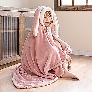 Cute Bunny Ear Wearable Hooded Blanket with Hand Gloves for Women Girls 59inch Length Warm Cozy Plush Flannel Hoodie Poncho Throw Cloak Wrap Cape Fluffy Couch Sofa Bed Fleece Blanket Christmas Gifts
