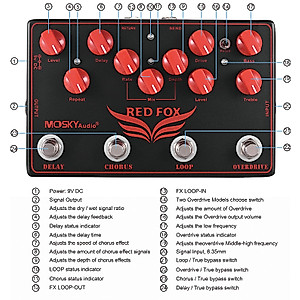 Moskyaudio Red FOX Multieffects 4-in-1 Multi-functional Guitar Effect Pedal with Overdrive, LOOP, Chorus and Delay Effects