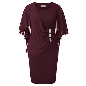 KIMCURVY Women's Cape Chiffon Church Dresses Knee Length Evening Burgundy Pencil Dress L