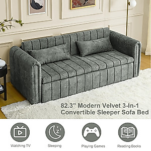 CALABASH 82.3" Queen Pull Out Couch Bed, 3 in 1 Convertible Sleeper Sofa Bed, Velvet 3-Seater Pullout Couch with 2 Storage Drawers for Living Room, Apartment, Small Space (Grey)