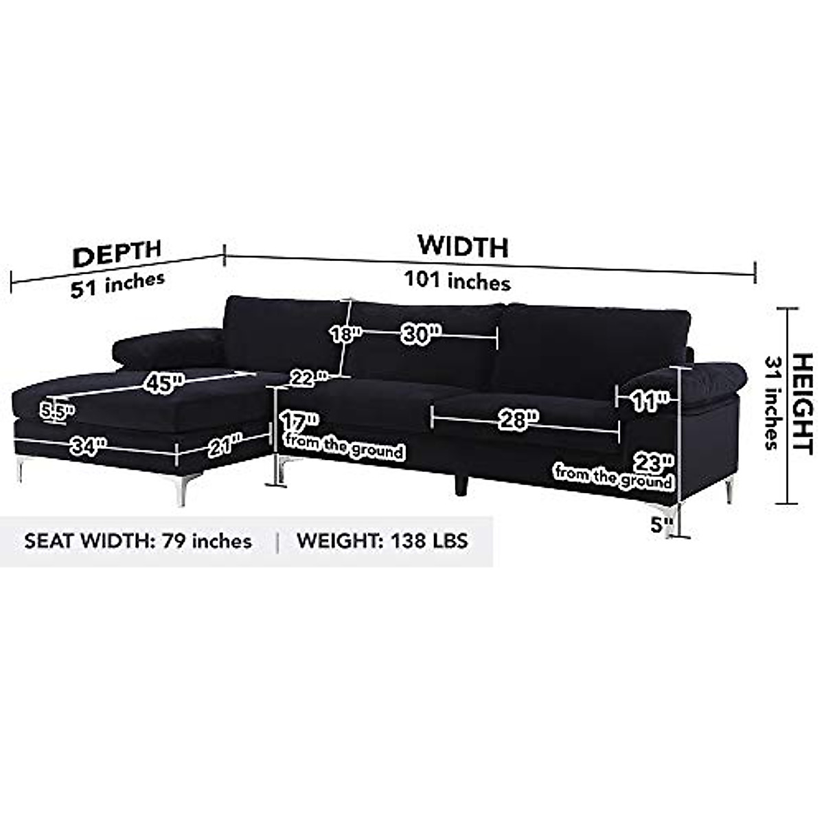 Casa Andrea Milano LLC Modern Large Velvet Fabric Sectional Sofa, L-Shape Couch with Extra Wide Chaise Lounge, Onyx