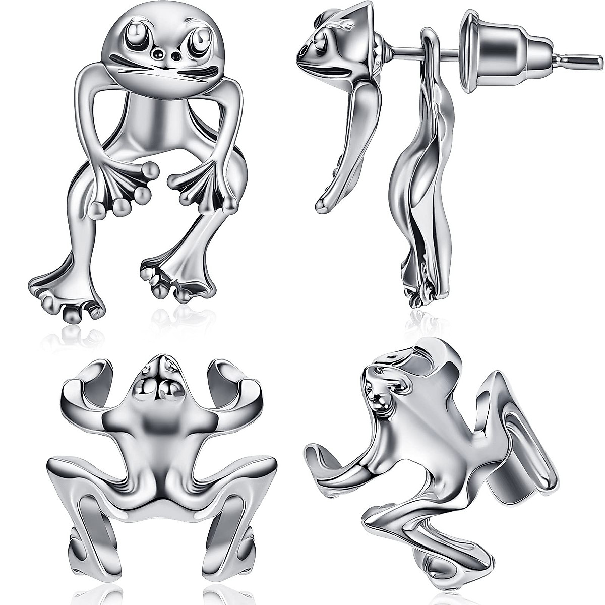 4 Pieces Frog Earrings for Women 3D Frog Earrings Two Way Silver Frog Earrings Vintage Stud Cute Frog Dangle Earrings Retro Detachable Ear Dangler Ear Stud for Anniversary Birthday Valentines