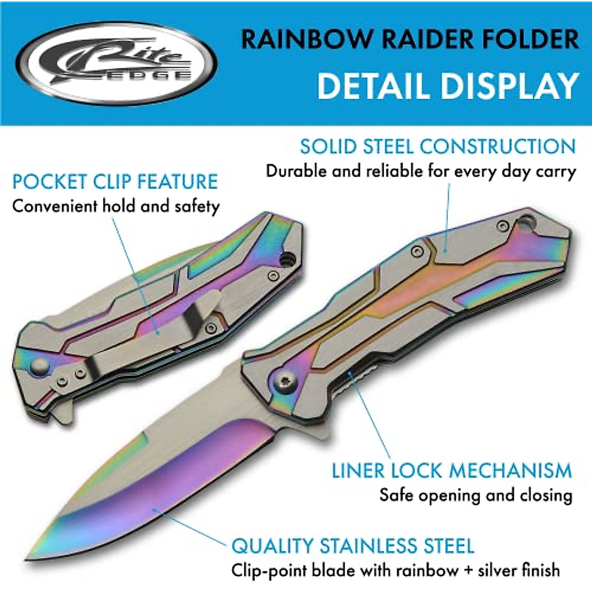 SZCO Supplies 8" Rainbow Tech Assisted Open Folding EDC Utility Pocket Knife With Clip