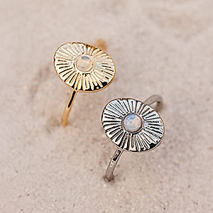 Pura Vida Ring Silver Plated Sun Ray Ring - Handmade Ring with Glass Opal Stone, Brass Base with Rhodium Plating - Silver Rings for Women, Cute Rings for Teen Girls, Boho Jewelry for Women - Size 8