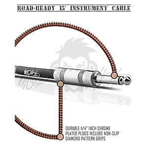 Mophead 15-Foot Guitar Instrument Cable - 1/4 Inch TS to 1/4 Inch TS Pro Grade Double Insulated Tweed Braided for Electric Guitar, Bass, Amp, Keyboard (Brown and Black)