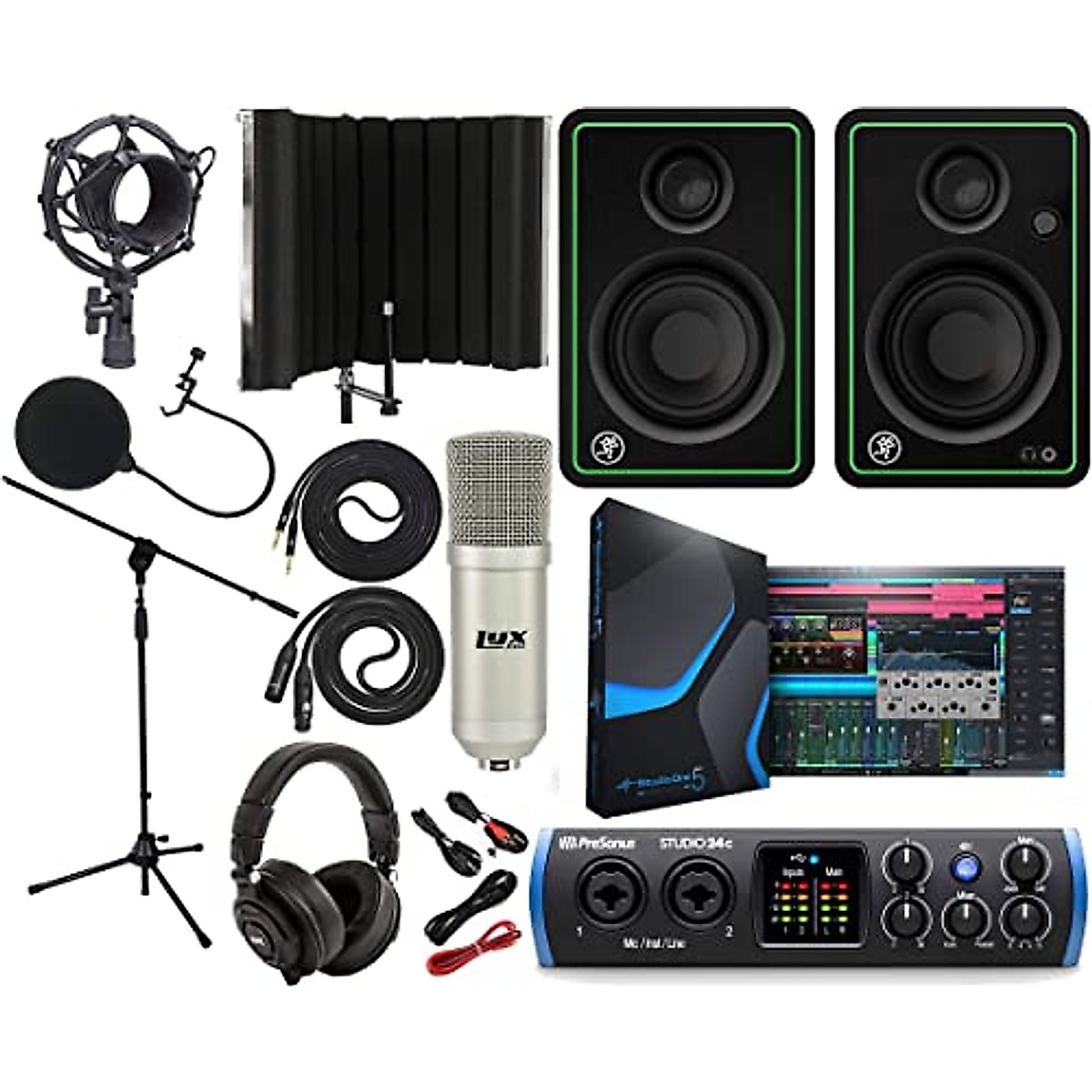 PreSonus Studio 24c 2x2 USB Type-C Audio/MIDI Interface with CR3-X Creative Reference Multimedia Monitors and 1/4” Instrument Cable and Microphone Isolation Shield