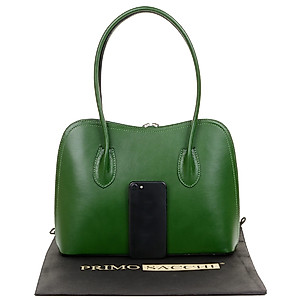 PRIMO SACCHI Italian Smooth Leather Green Classic Long Handled Handbag Tote Grab Bag Shoulder Bag