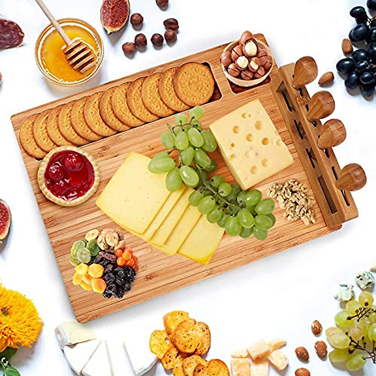 Bamboo Cheese Board Set, Cheese Tray, Charcuterie Board and Serving Meat Platter with 4 Stainless Steel Cheese Knives, Ideal for Wedding Gifts Christmas Birthday Party (14''x11'')