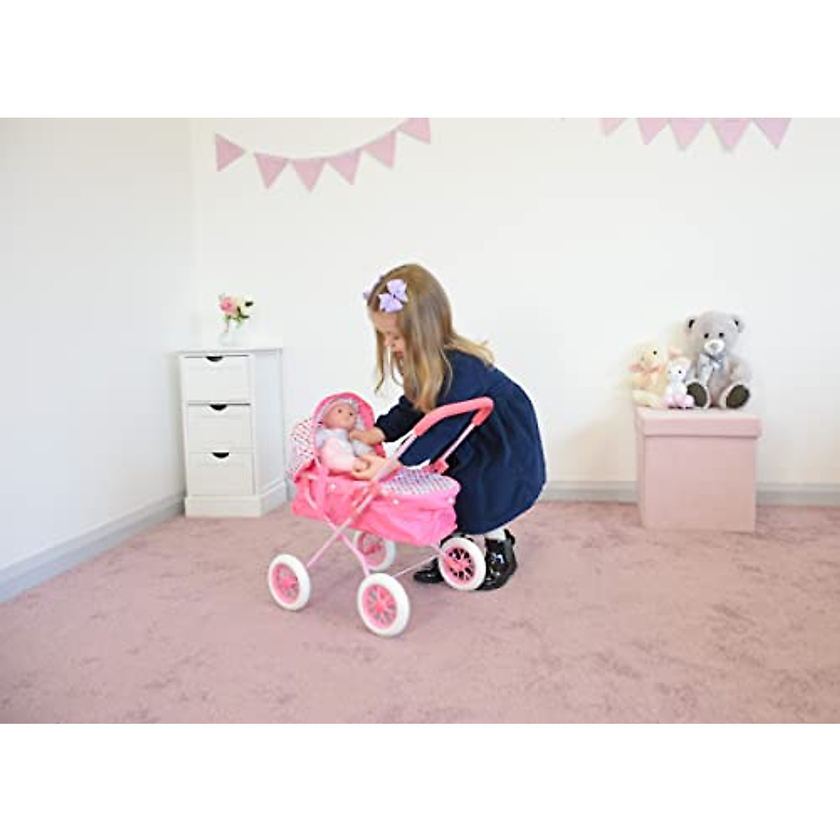 KOOKAMUNGA KIDS Baby Doll Stroller - Realistic 2 in 1 Baby Stroller for Dolls w/Detachable Bassinet – Toy Pram w/Carry Cot, Retractable Canopy & Soft Grip Handle - for Dolls up to 18" - Pink