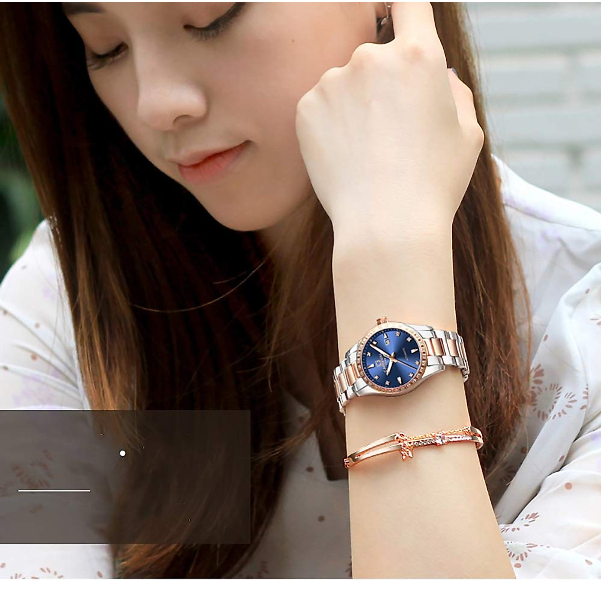 Women's Diamond Automatic Mechanical Rose Gold Stainless Steel Sapphire Waterproof Lady's Elegant Blue Watch (blue dial)