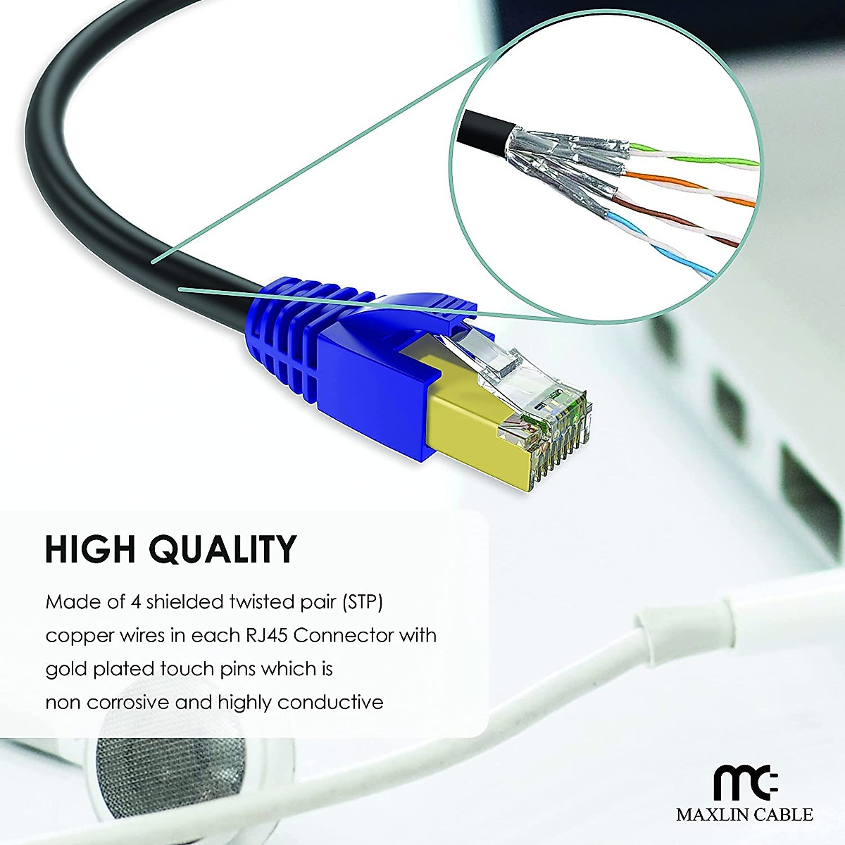 MAXLIN CABLE Cat 7 Ethernet Cable, 100 ft RJ45 600 MHz, Heavy Duty Indoor Outdoor Gaming LAN Cable, Shielded Copper Waterproof Direct Burial Zero Lag Network Patch, Compatible with Modem, Router, PS3