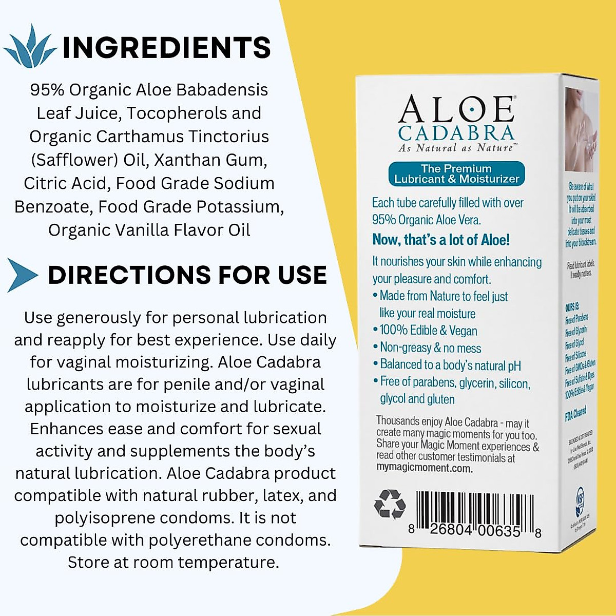 Aloe Cadabra Flavored Personal Lubricant and Vaginal Moisturizer, Organic Edible Aloe Lube for Men, Women and Couples, Non-Staining, pH Balanced, Toy Compatible (Pina Colada, 2.5 Ounces, 2 Pack)