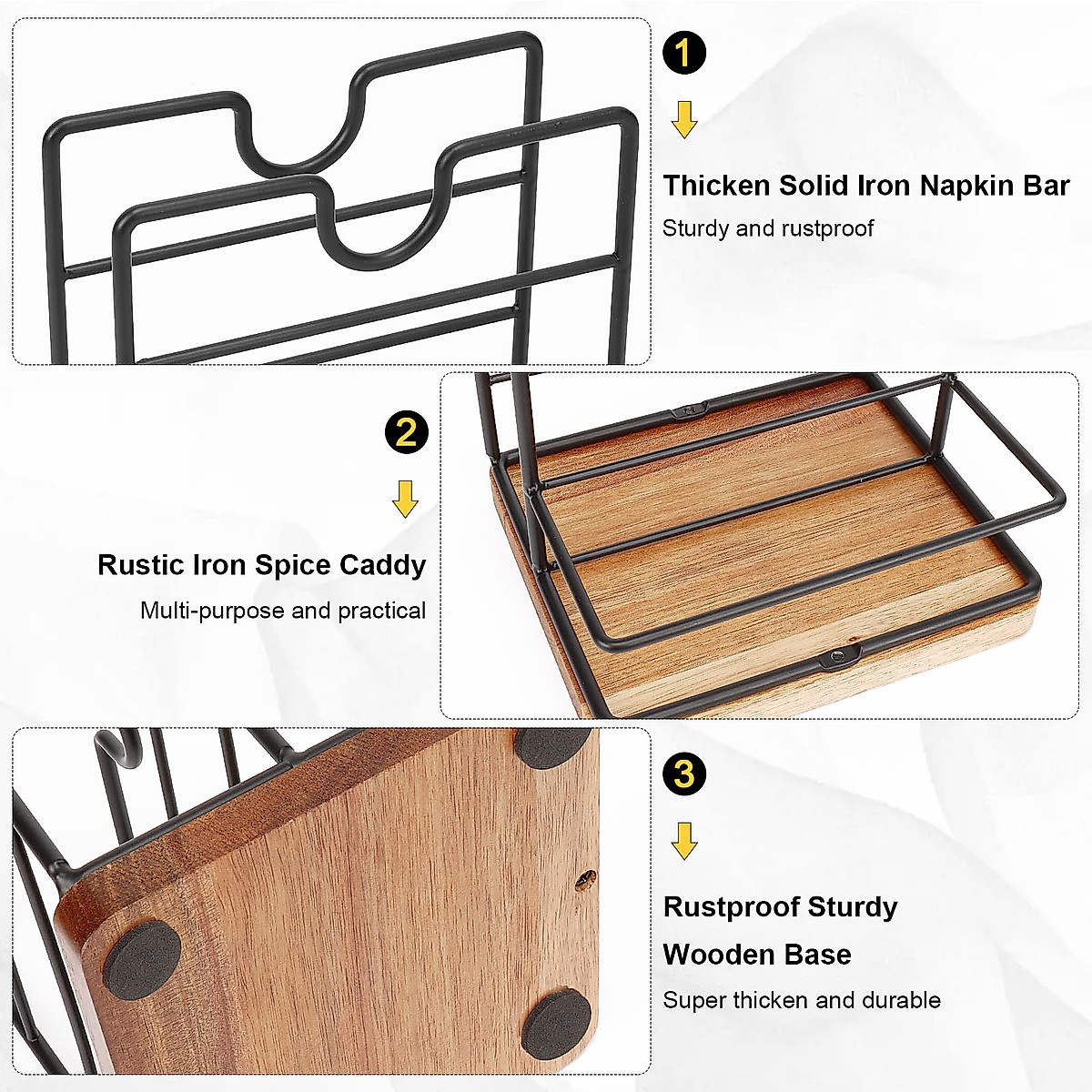 Livabber Napkin Holder, Metal Napkin Holder with Salt and Pepper Shakers Caddy Modern Napkin Dispenser for Table Kitchen Countertop, Not Including Salt and Pepper Shakers (Middle Wooden, Black)