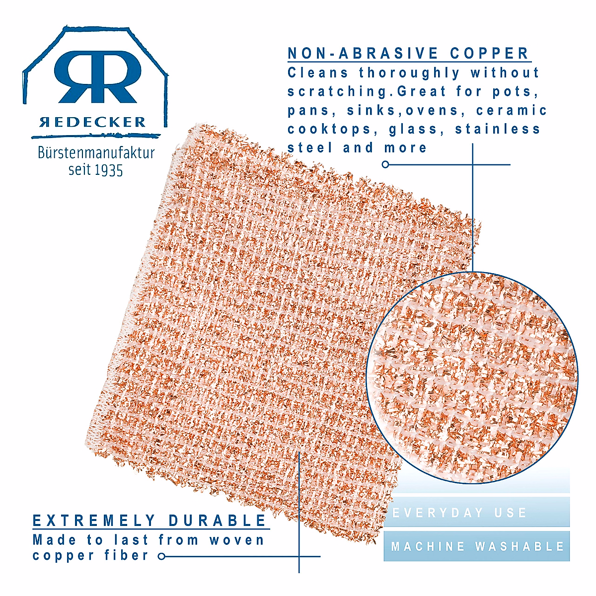 REDECKER 2-Ply Woven Copper Scrubbing Cloth - Durable and Non-Abrasive Scrubber Copper Cloth - Machine Washable Copper Pads - Copper Scouring Pads - Copper Cleaning Scrubs - Set of 2