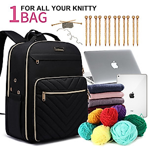 Knitting Bag Backpack, Crochet Bag Tote, Large Yarn Storage Tote Bag with USB Charging Port, Yarn Holder Case for Carrying Projects, Knitting Needles, Yarn Supplies, Black