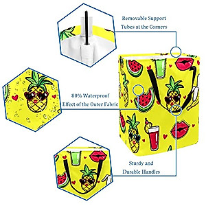 Pineapple Cocktail Watermelon Banana Print Collapsible Laundry Hamper, 60L Waterproof Laundry Baskets Washing Bin Clothes Toys Storage for Dorm Bathroom Bedroom