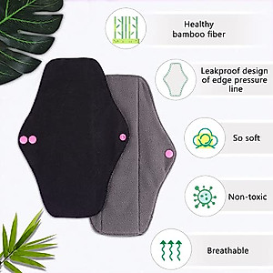 Rovtop 10 Pcs Reusable Sanitary Pads, Washable Black Cloth Menstrual Pads/Menstrual Towel/Sanitary Napkins with Bamboo Charcoal Absorbent Layer, 3 Size Replace and 1 Mini Waterproof Portable Bag