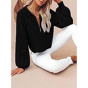 Pink Queen Women's 2023 Fashion V Neck Collared Crop Sweaters Casual Loose Lantern Long Sleeve Half Zip Slouchy Ribbed Knit Jumper Tops Black L