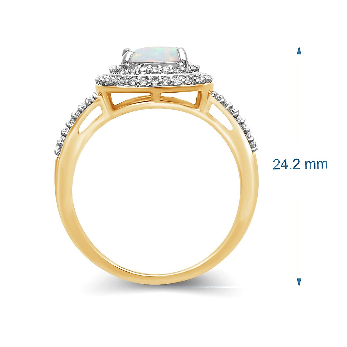 Jewelili Yellow Gold Over Sterling Silver 7x7 MM Cushion Cut Created Opal and Created White Round Sapphire Double Halo Ring, Size 7