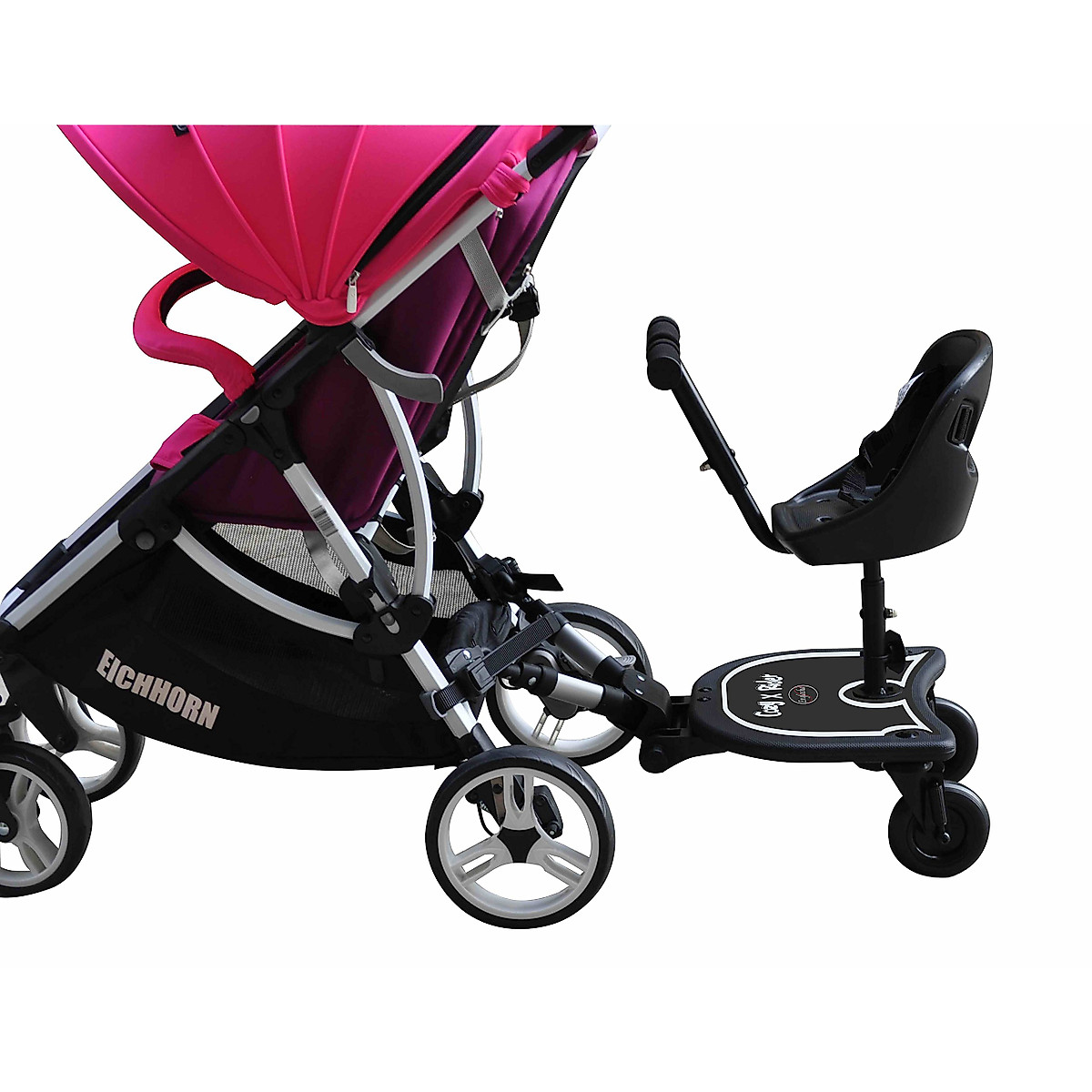 Englacha 2-in-1 Cozy X Rider, Black - Child Rider Stroller Attachment with Saddle Seat and Standing Platform - Universal Fit for Most Prams - Quick and Easy to Use - Designed for Safety