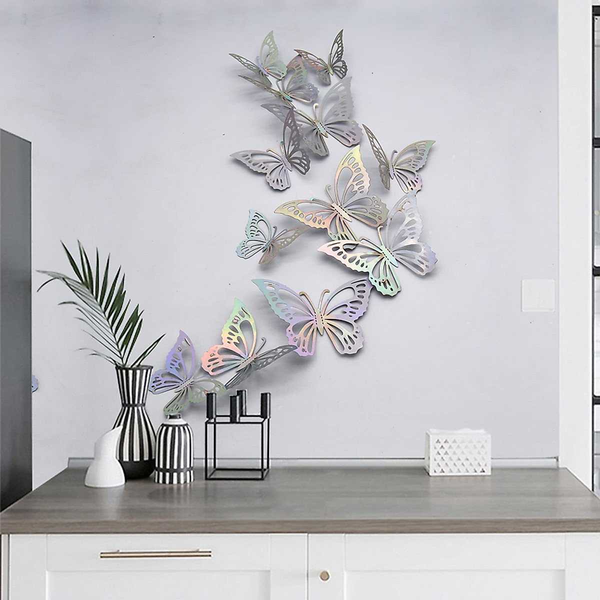 24pcs 3D Butterfly Wall Stickers, CAYUDEN Butterfly Decorations Wall Decor DIY Butterfly Combination 3D Butterfly Wall Stickers Decor Home Decoration Bedroom Living Room Party Nursery(Silver)
